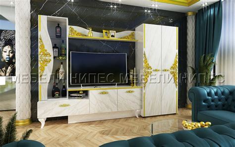 Секция Роксана бяло гланц мрамор златен декор Мебели на изпла