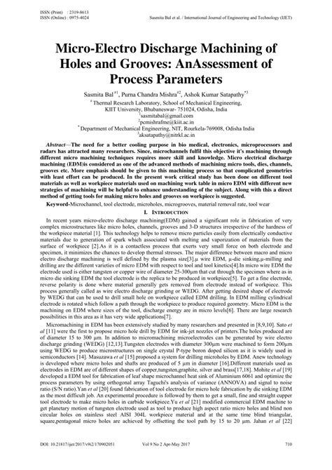 Pdf Micro Electro Discharge Machining Of Holes And Grooves Anassessment Of Process Parameters