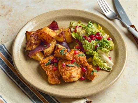 Chicken Taouk With Batata Harra And Pomegranate Salad Healthy Poultry
