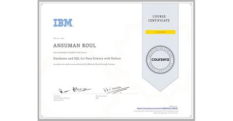 ansuman roul on linkedin completion certificate for databases and sql for data science with python