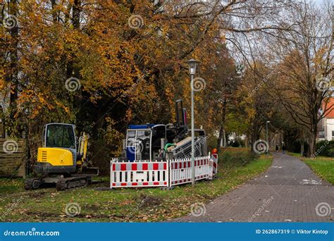Excavator And Trench Digging Machine At A Small Construction Site Stock
