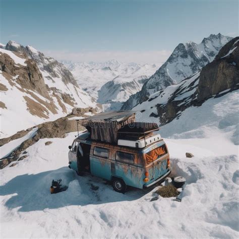 Carrinha De Camper Estacionada Na Borda De Um Penhasco Robusto Com Vista Para O Vale Alpino