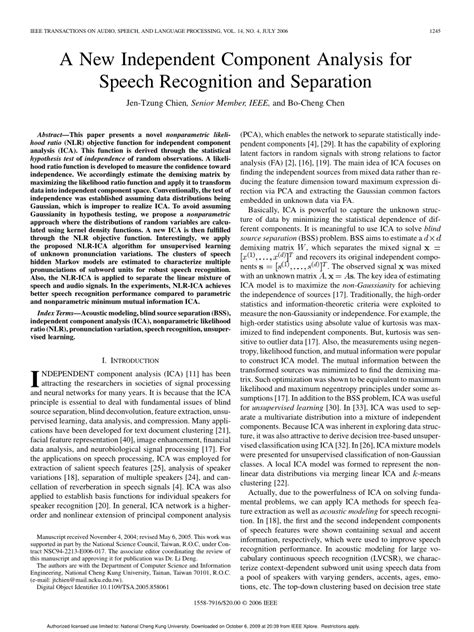 Pdf A New Independent Component Analysis For Speech Recognition And Separation