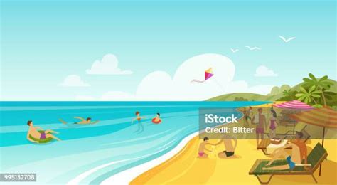 사람들이 바다 해변에서 휴식 휴가 여행 배너입니다 만화 벡터 일러스트 레이 션 마이애미에 대한 스톡 벡터 아트 및 기타 이미지