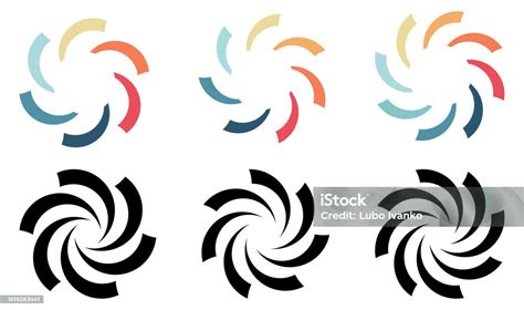 더 큰 원형으로 배열 된 원형 아크 컷은 소용돌이 소용돌이 또는 기호와 같은 팬 블레이드를 형성하며 68 개의 요소가 있습니다 소용돌이 모양에 대한 스톡 벡터 아트 및 기타