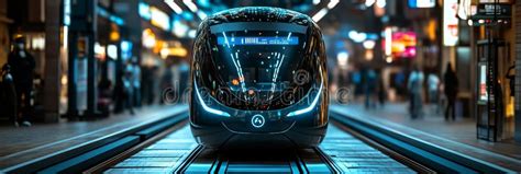 Futuristic Self Driving Electric Bus Navigating A Smart City A Vision Of Urban Transit At Night