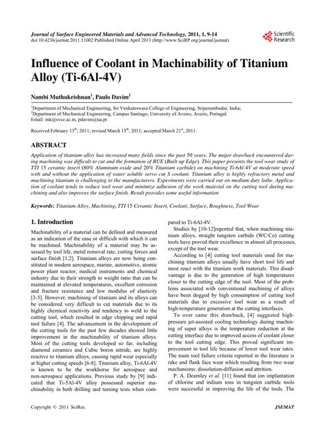 Pdf Influence Of Coolant In Machinability Of Titanium Alloy Ti 6al 4v