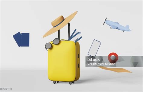 노란색 여행 가방 비행기 티켓 지도 트랙 3d 렌더링 흰색 배경 배너 현대 창조적 인 여행 판매 광고 0명에 대한 스톡 사진 및 기타 이미지 Istock