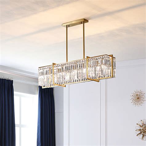 Post Modern Rectangular Hanging Lamp 5 Bulbs Prismatic Crystal Island