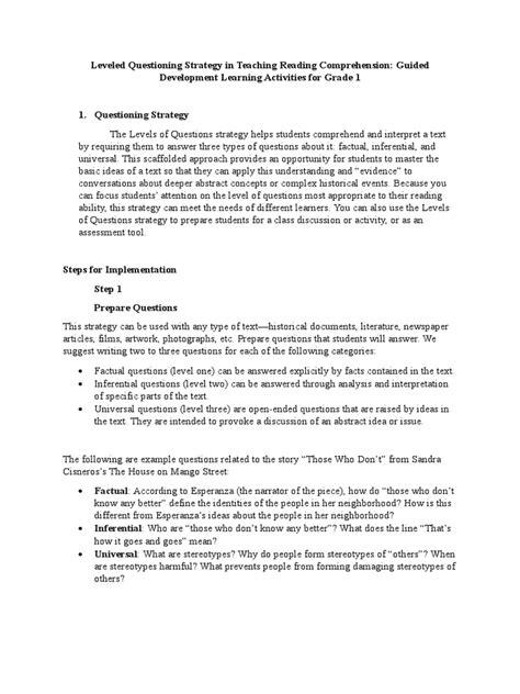 Level Questioning Strategy Pdf Reading Comprehension Cognition