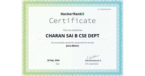 Earned Java Certificate From Hackerrank Charan Sai Posted On The