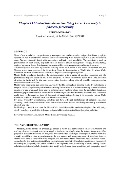 Pdf Monte Carlo Simulation Using Excel Case Study In Financial