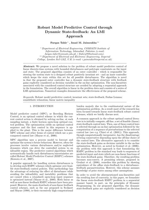 Pdf Robust Model Predictive Control Through Dynamic State Feedback
