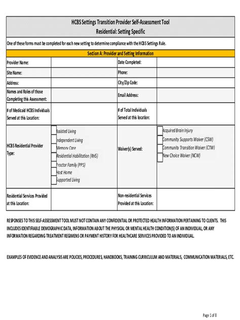 Fillable Online Hcbs Settings Transition Provider Self Assessment Tool Fax Email Print