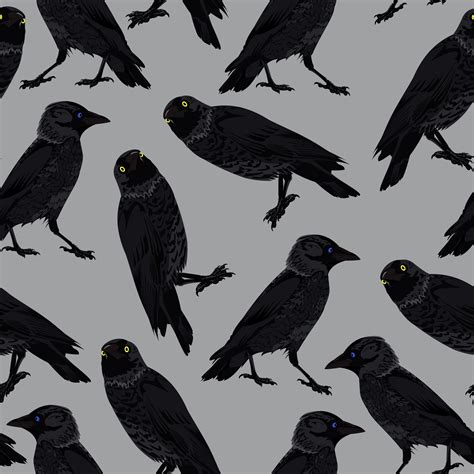 Seamless Pattern With Crows In Different Angles On A Gray Background
