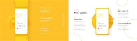 모바일 응용 프로그램의 현대적인 프리젠 테이션 모바일 응용 프로그램에 대한 설명과 함께 노란색 배경에 휴대 전화 모형 모던 일러스트 3d 스타일 3차원 형태에 대한 스톡