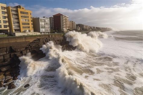 Premium Ai Image Tsunami Waves Crash Against Tall Seawall Protecting Coastal City
