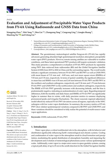 Pdf Evaluation And Adjustment Of Precipitable Water Vapor Products From Fy 4a Using Radiosonde
