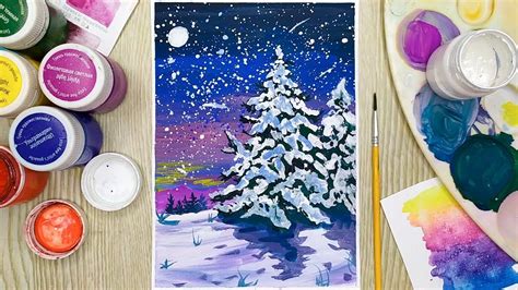 Как нарисовать зимний пейзаж гуашью Снежные ели Рисуем гуашью для