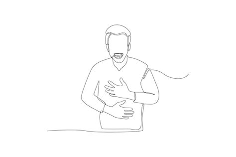 연속 한 줄 그리기 젊은 남자가 배꼽에 손을 대고 크게 웃고 세계 미소의 날 개념 단일 선 그리기 디자인 벡터 그래픽 그림을