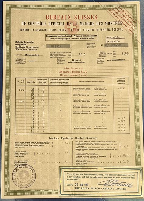 Rolex Certificate Chronometer Certificate 1960 Gem