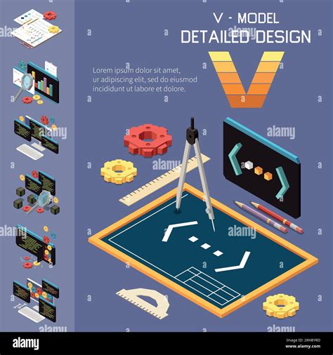 V Model Software Development Isometric Composition With Gear Icons Code Screens Computer