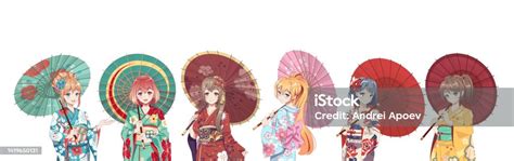 종이 우산을 들고 일본 전통 기모노 의상을 입은 애니메이션 만화 소녀 그룹 격리된 배경에 대한 벡터 일러스트 레이 션 만화