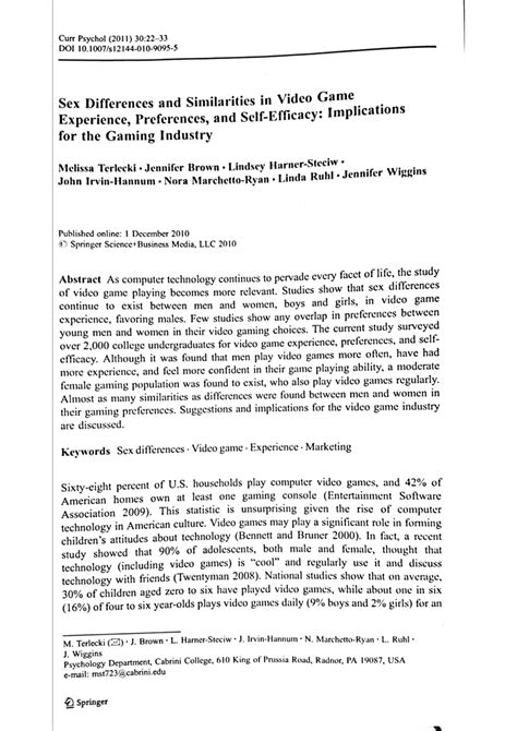 PDF Sex Differences And Similarities In Video Game Experience Preferences And Self Efficacy