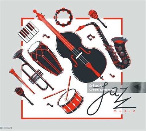 재즈 음악 밴드 포스터 다른 악기 벡터 평면 일러스트 라이브 사운드 페스티벌 또는 콘서트 광고 전단지 또는 배너 다른 악기 오케스트라를 재생합니다 Classical