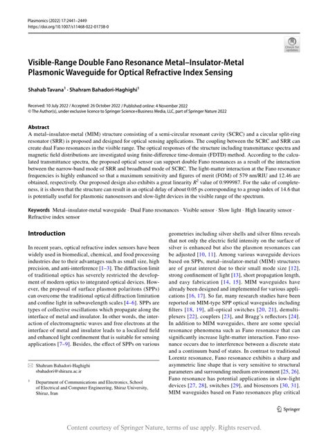 Visible Range Double Fano Resonance Metalinsulator Metal Plasmonic
