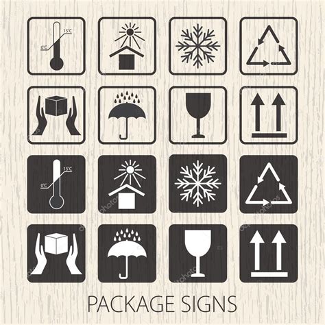 Vector Packaging Symbols On Vector Wooden Background Icon Set Including Fragile This Side Up