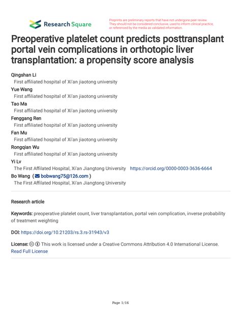 Pdf Preoperative Platelet Count Predicts Posttransplant Portal Vein