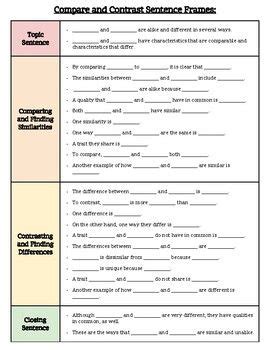 Compare And Contrast Sentence Frames Compare And Contrast Sentence Frames Written Comprehension