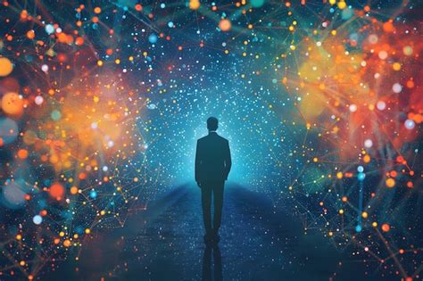 Premium Photo Businessman Standing In Abstract Digital Network Financial Ecosystem Concept