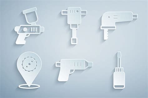 ตั้งไขควงไฟฟ้าไร้สาย จิ๊กซอว์ ใบมีดกลม ไขควง แจ็คแฮมเมอร์ก่อสร้างและไอคอนปืนพ่นสี เวกเต