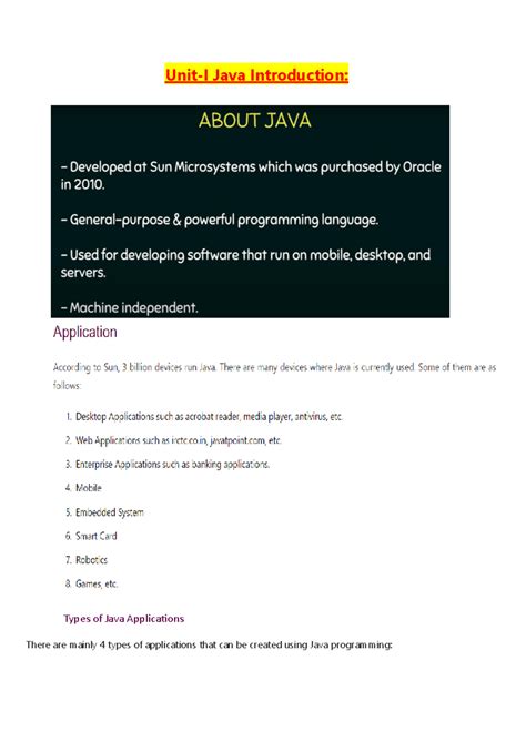 Java Intro Java Material Unit I Java Introduction Types Of Java
