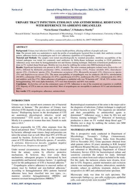 Pdf Urinary Tract Infection Etiology And Antimicrobial Resistance With Reference To Adhesive