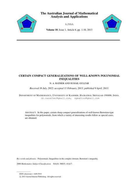 Pdf Certain Compact Generalizations Of Well Known Polynomial Inequalities
