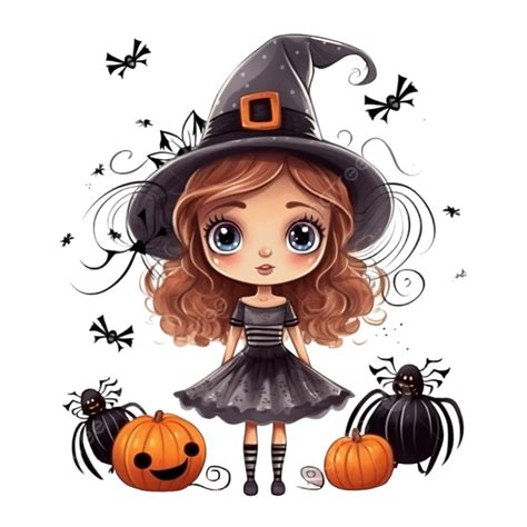 Girl In A Witch Costume For The Halloween Holiday Happy Girl Stands With Spiders Costume Party