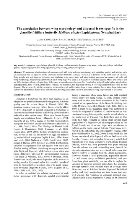 The Association Between Wing Morphology And Dispersal Is Sex Specific In The Glanville