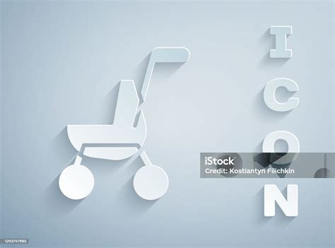 회색 배경에 분리 된 유모차 아이콘을 잘라 종이 유모차 버기 유모차 유모차 바퀴 종이 아트 스타일 벡터 0명에 대한 스톡 벡터 아트 및 기타 이미지 Istock