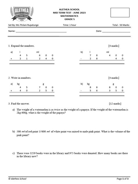 Maths Gr5 T2 2023 Mid Term Test Pdf Discrete Mathematics