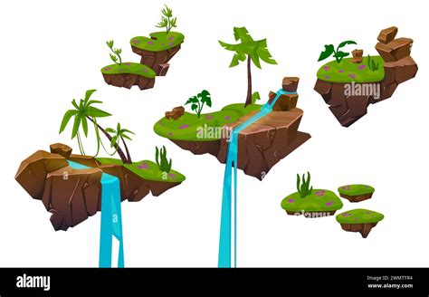 Floating Land Platform With Green Grass Bush And Palm Trees Rocky Cliff And River Stream With