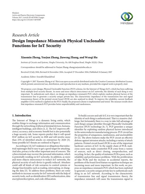 pdf design impedance mismatch physical unclonable functions for iot security