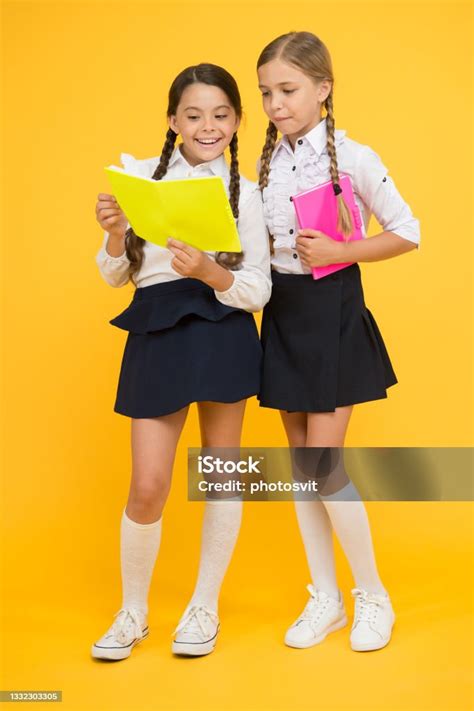지식의 날 학교 날 아이들은 귀여운 학생 여학생 가장 친한 친구 우수한 학생 여학생은 교복을 입고 있습니다 학교 우정 복사 책이나 통합 문서를 가진 소녀 함께 공부하기