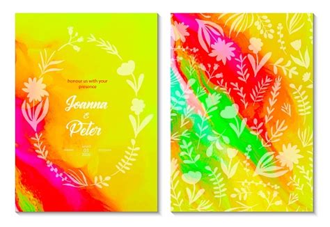 여러 가지 빛깔의 알코올 잉크 페인팅 배경과 손으로 그린 봄 꽃웨딩 초대 카드 디자인 웨딩 컨셉 디자인 요소 보헤미아에 대한