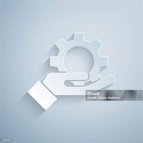 회색 배경에 격리 된 용지 컷 손 설정 기어 아이콘 조정 서비스 유지 보수 수리 고정 종이 아트 스타일 벡터 일러스트레이션 3차원 형태에 대한 스톡 벡터 아트 및 기타