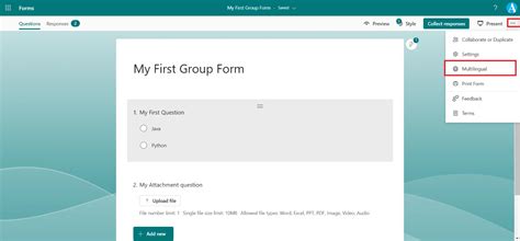 multilingual feature in the microsoft form