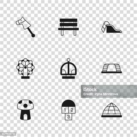 홉 스카치 원숭이 바 놀이터 등반 장비 어트랙션 회전 목마 슬라이드 놀이터 장난감 말 벤치 및 관람차 아이콘을 설정합니다 벡터 거리에 대한 스톡 벡터 아트 및 기타 이미지