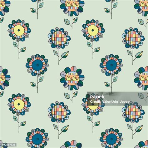 원활한 벡터 손으로 그린 낙서 아이가 꽃 패턴 유치 한 꽃 나뭇잎 배경입니다 장식 귀여운 그래픽 선 그리기 그림입니다 배치 배경 직물 장식 인쇄 귀여운에 대한 스톡 벡터